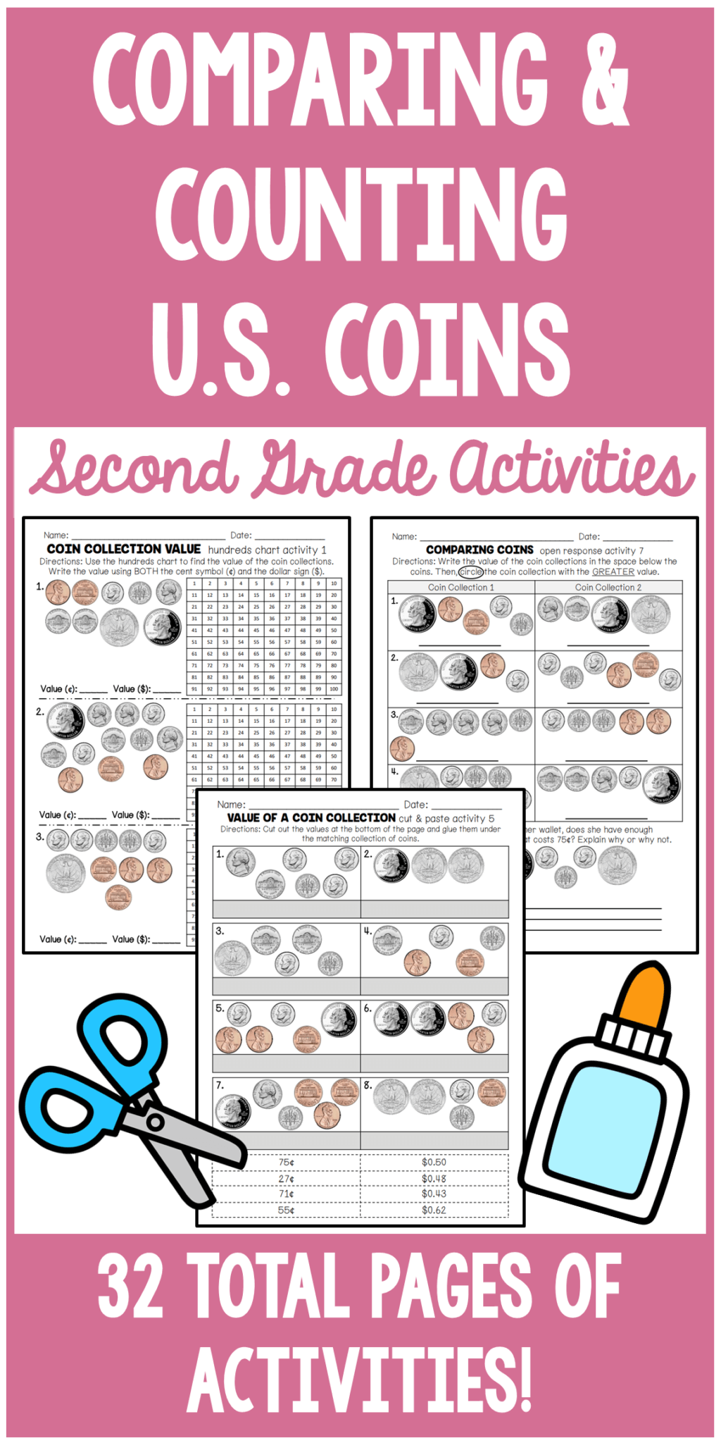2nd Grade Coins Cut and Paste Activities